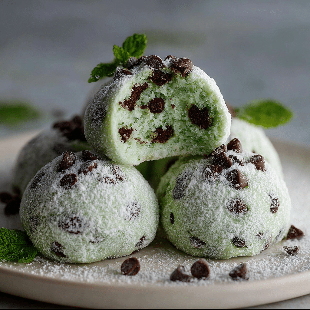Easy Mint Chocolate Chip Snowball cookies